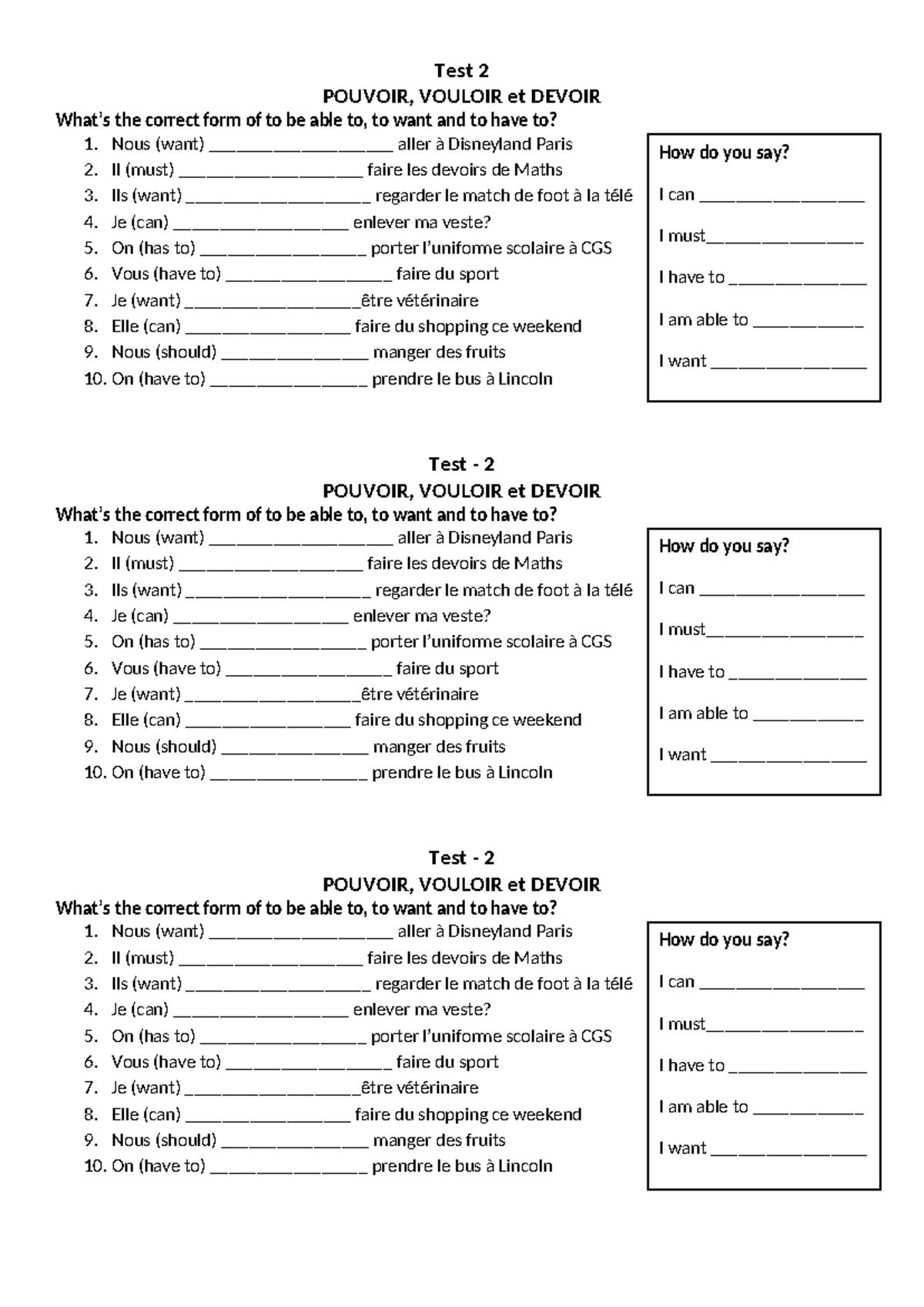 POUVOIR, VOULOIR et DEVOIR - Test 2 Worksheet - Studocu
