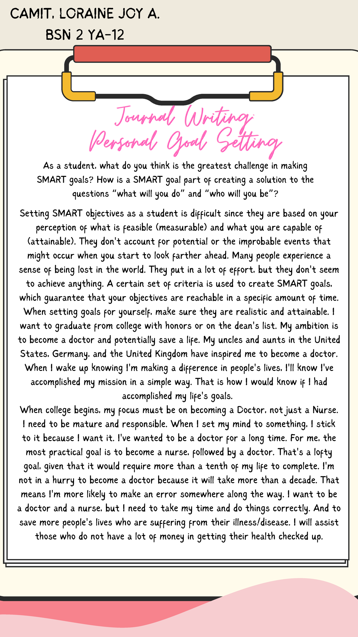 Journal Writing: Personal Goal Setting Camit, Loraine JOY A - As a ...