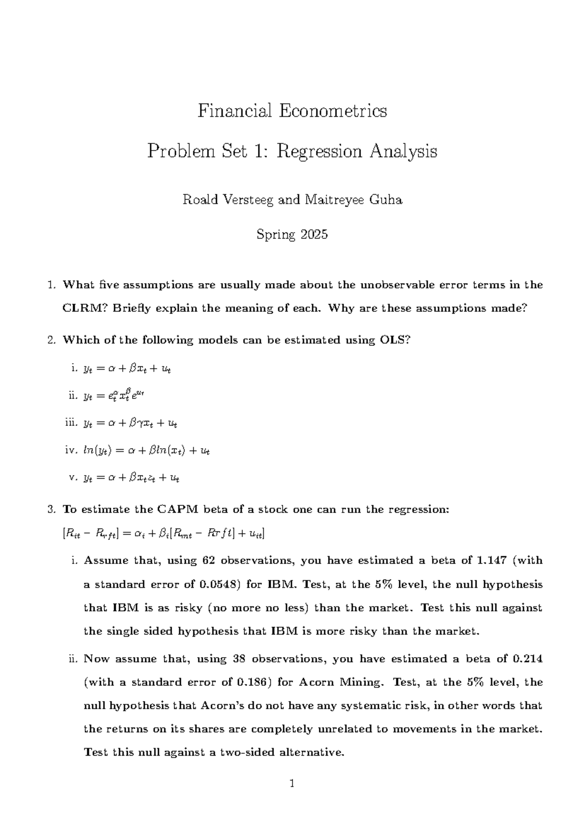 FE Problem Set 1 - Financial Econometrics Problem Set 1: Regression ...