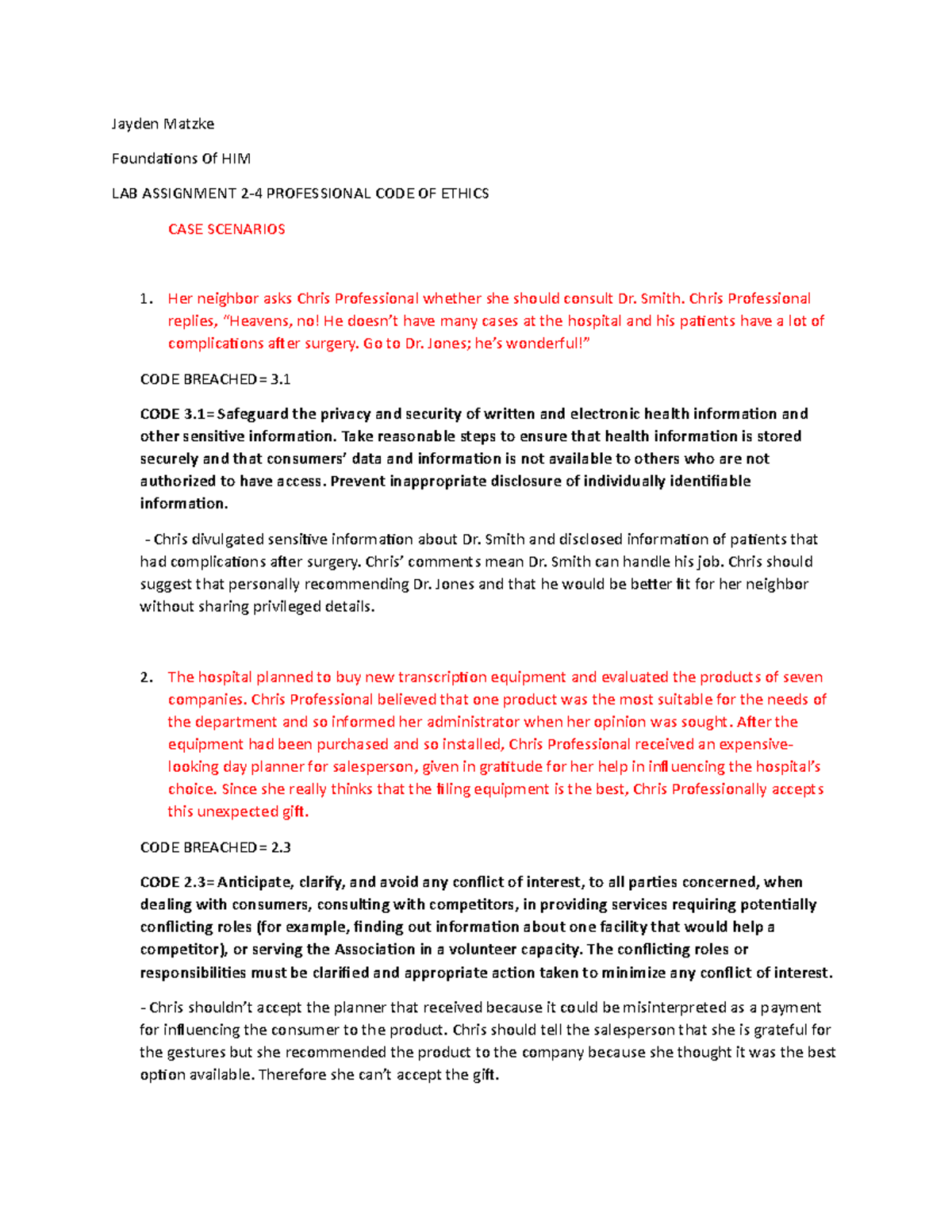 Foundations of HIM: Lab 2-4 Assignment on Professional Code of Ethics ...