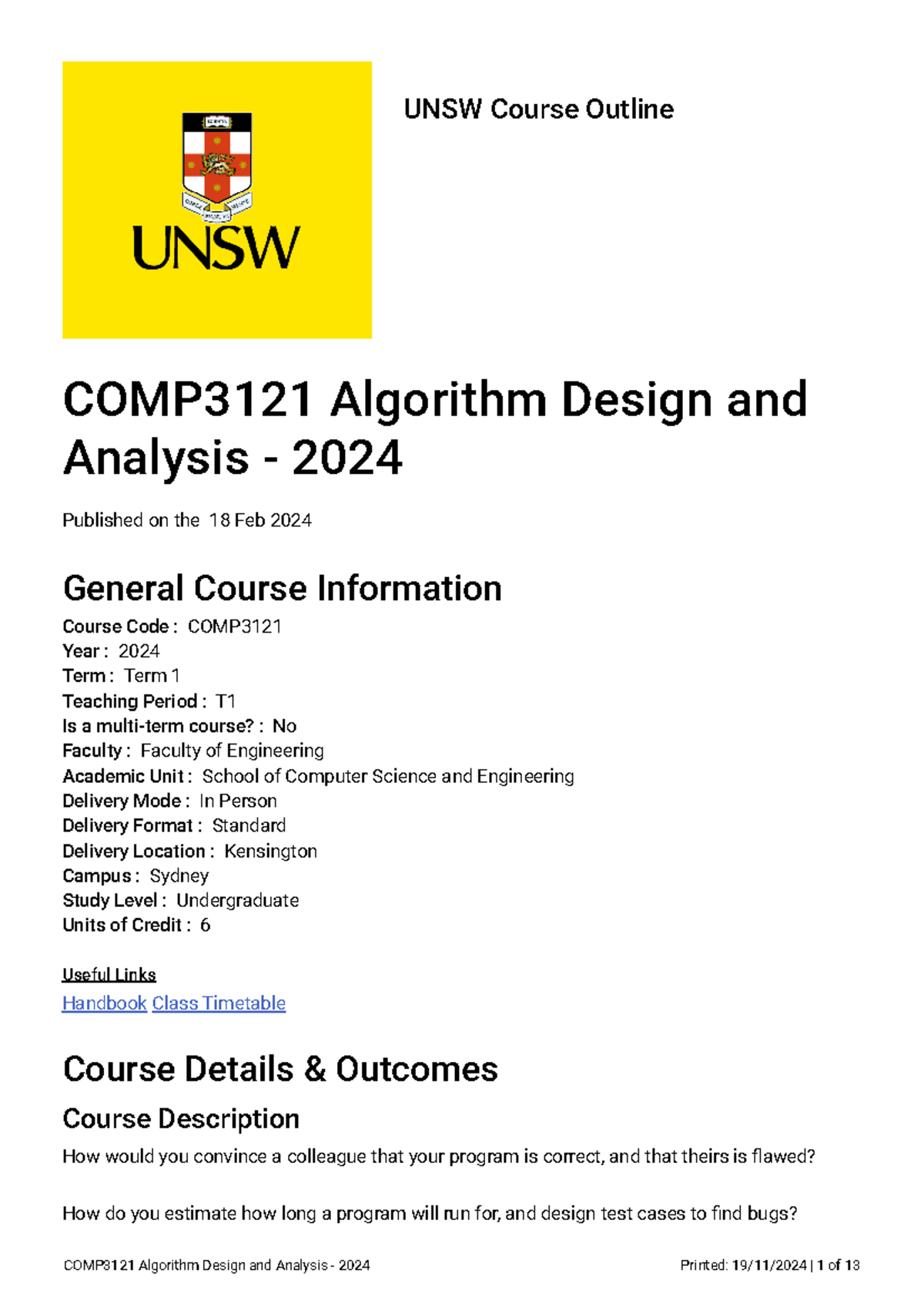 COMP3121 Algorithm Design & Analysis Course Outline - Term 1 2024 - Studocu