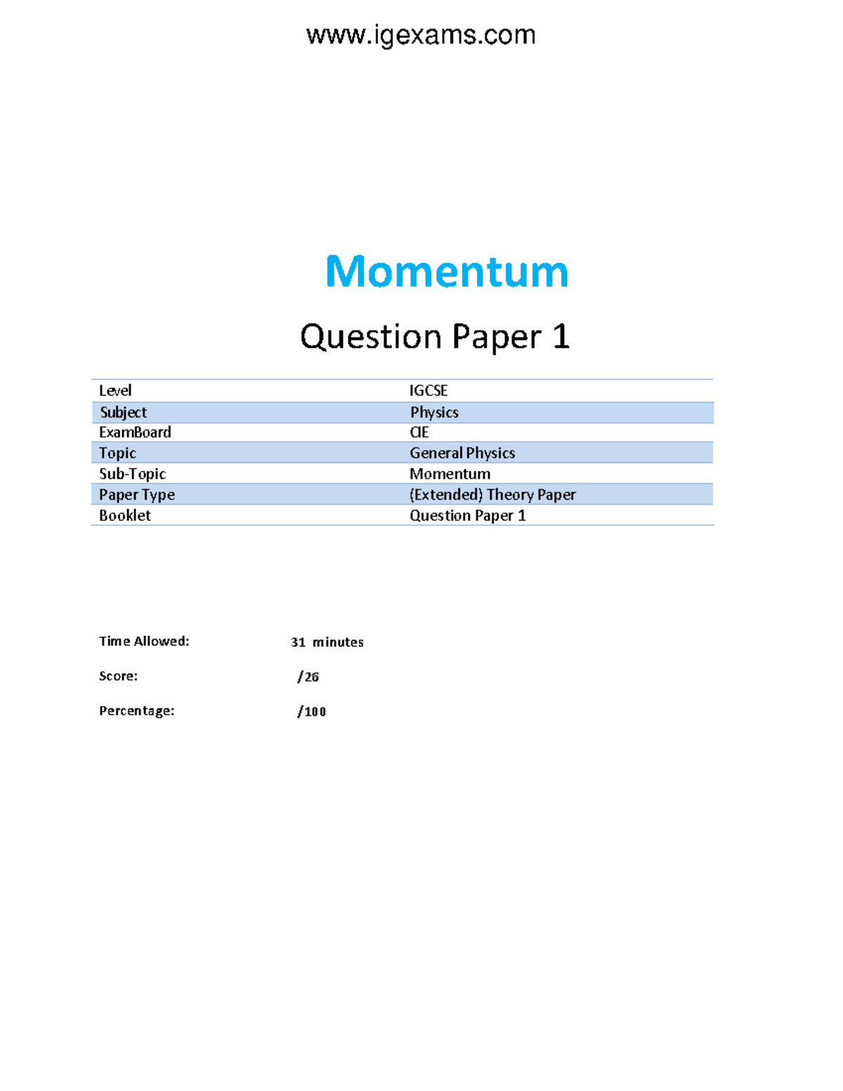 IGCSE Physics CIE Momentum Exam Paper 1: Theory & Calculations - Studocu