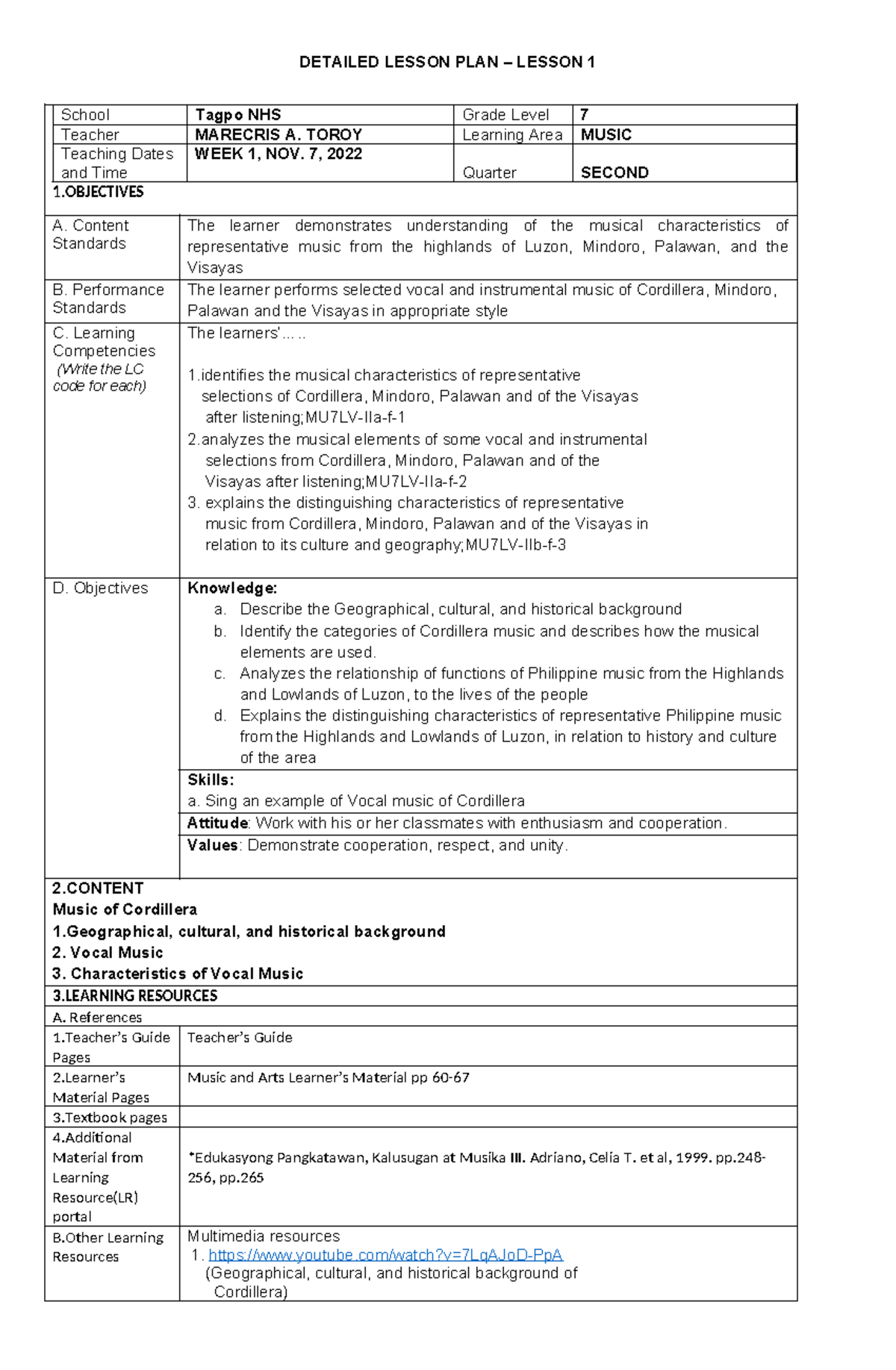 DLP 1 Music 7 Detailed Lesson Plan for 2nd Quarter - Studocu