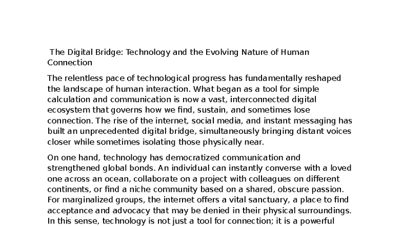 ENG 101: Essay on Technology and Human Connection - Studocu