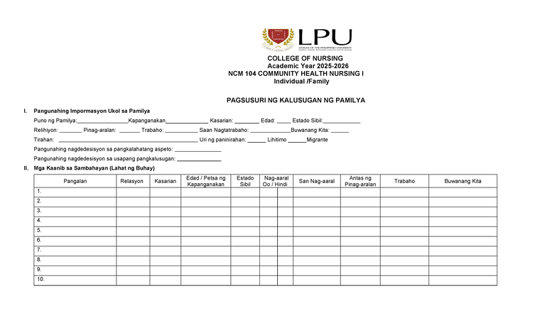 NCM 104 Community Health Nursing I: Family Health Assessment Guide ...