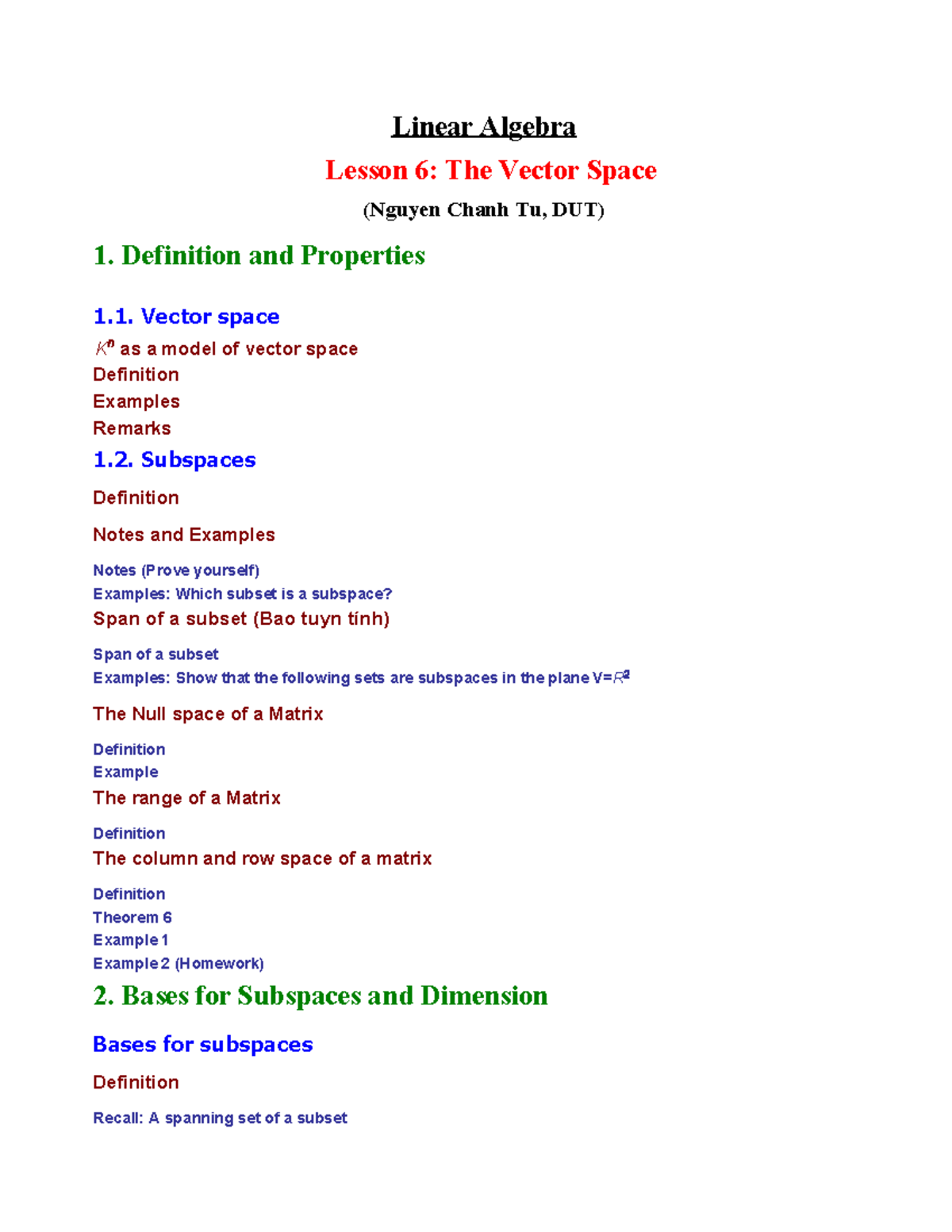 06.Vector Space-Table of contents - Linear Algebra Lesson 6: The Vector ...