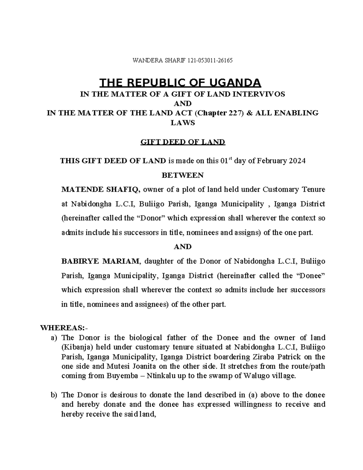 Gift Deed of Land Transfer Between Donor and Donee in Uganda - Studocu