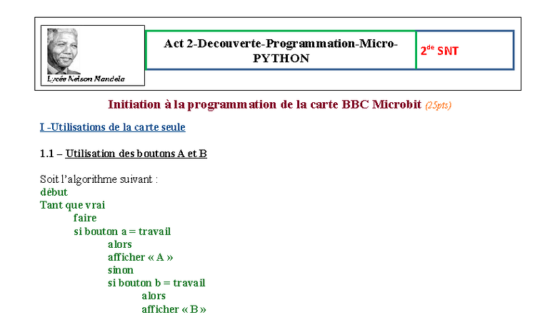 SNT Python Microbit: Initiation à la Programmation et Exercices - Studocu