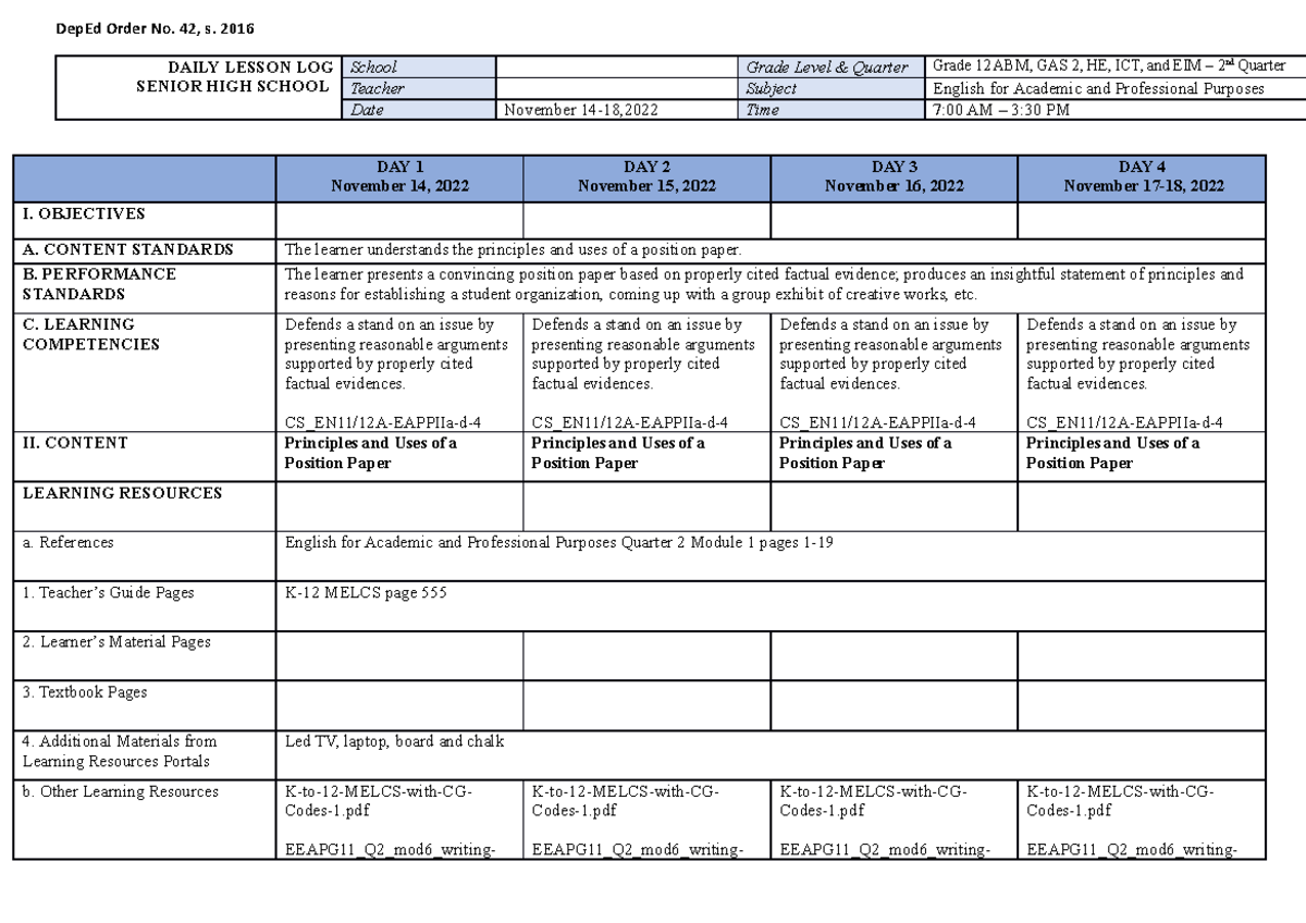 EAPP Daily Lesson Log - DAILY LESSON LOG SENIOR HIGH SCHOOL School ...