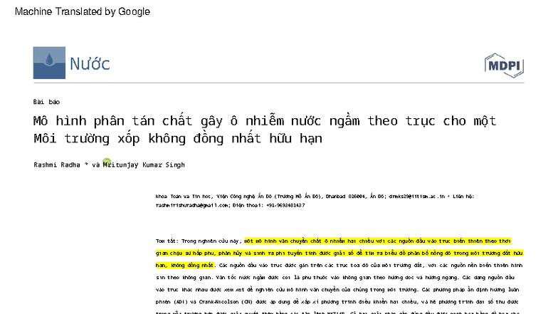 Mô Hình Vận Chuyển Chất Gây Ô Nhiễm Nước Ngầm 2D (MATH 2023) - Studocu