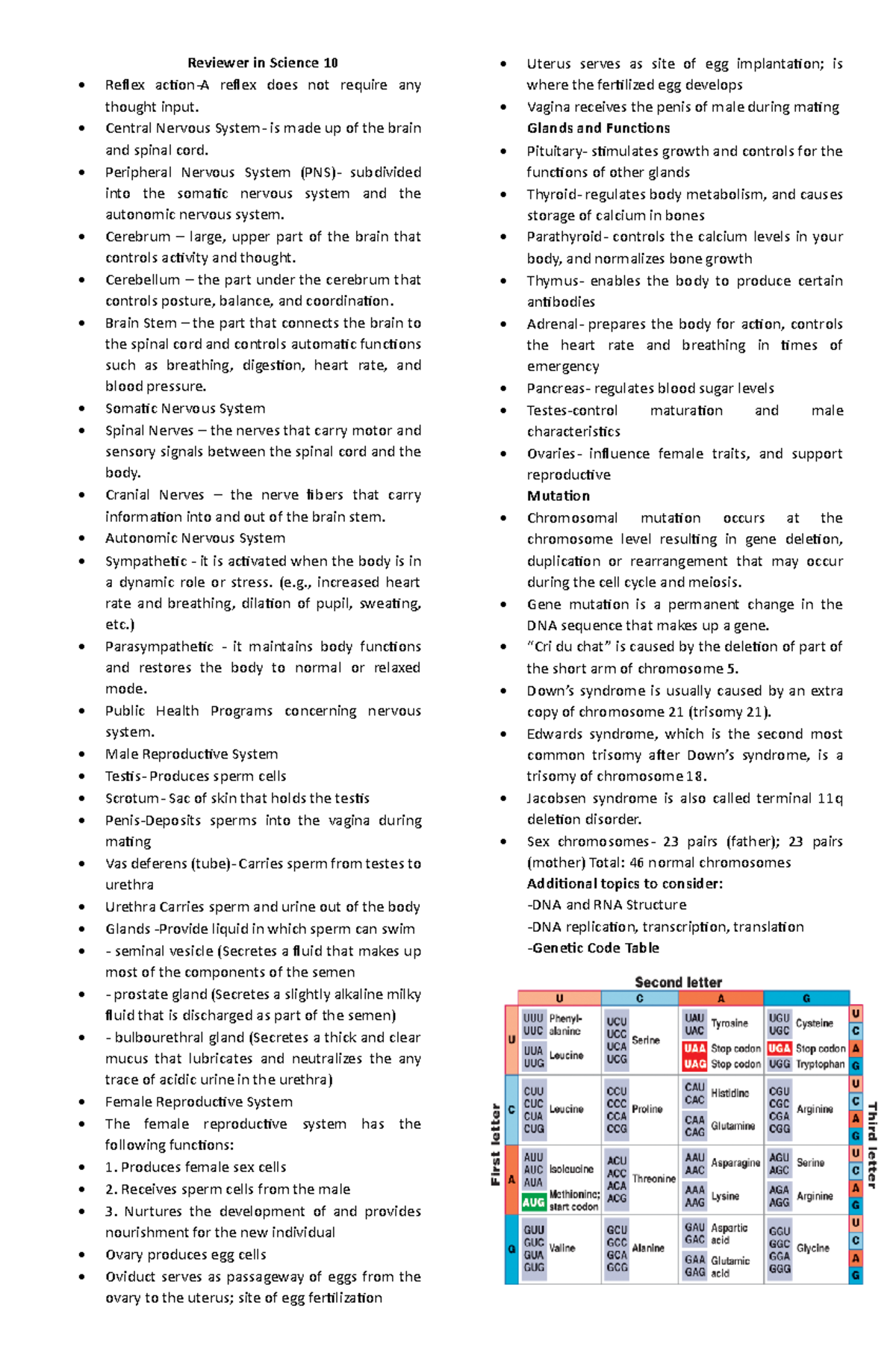 Science 10 Reviewer: Central Nervous System, Reproductive Systems & DNA/RNA - Studocu