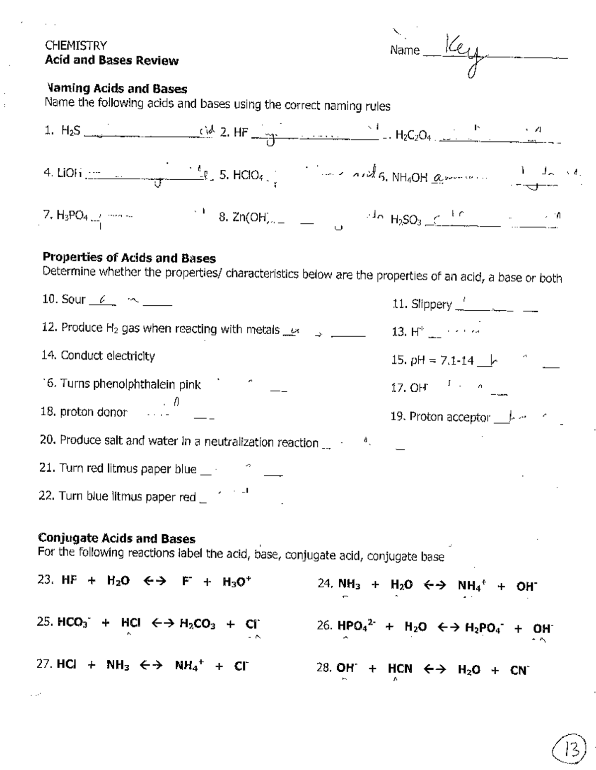 Acid Base Review KEY - Acid base assimgent key - CHEMISTRY Acid and ...