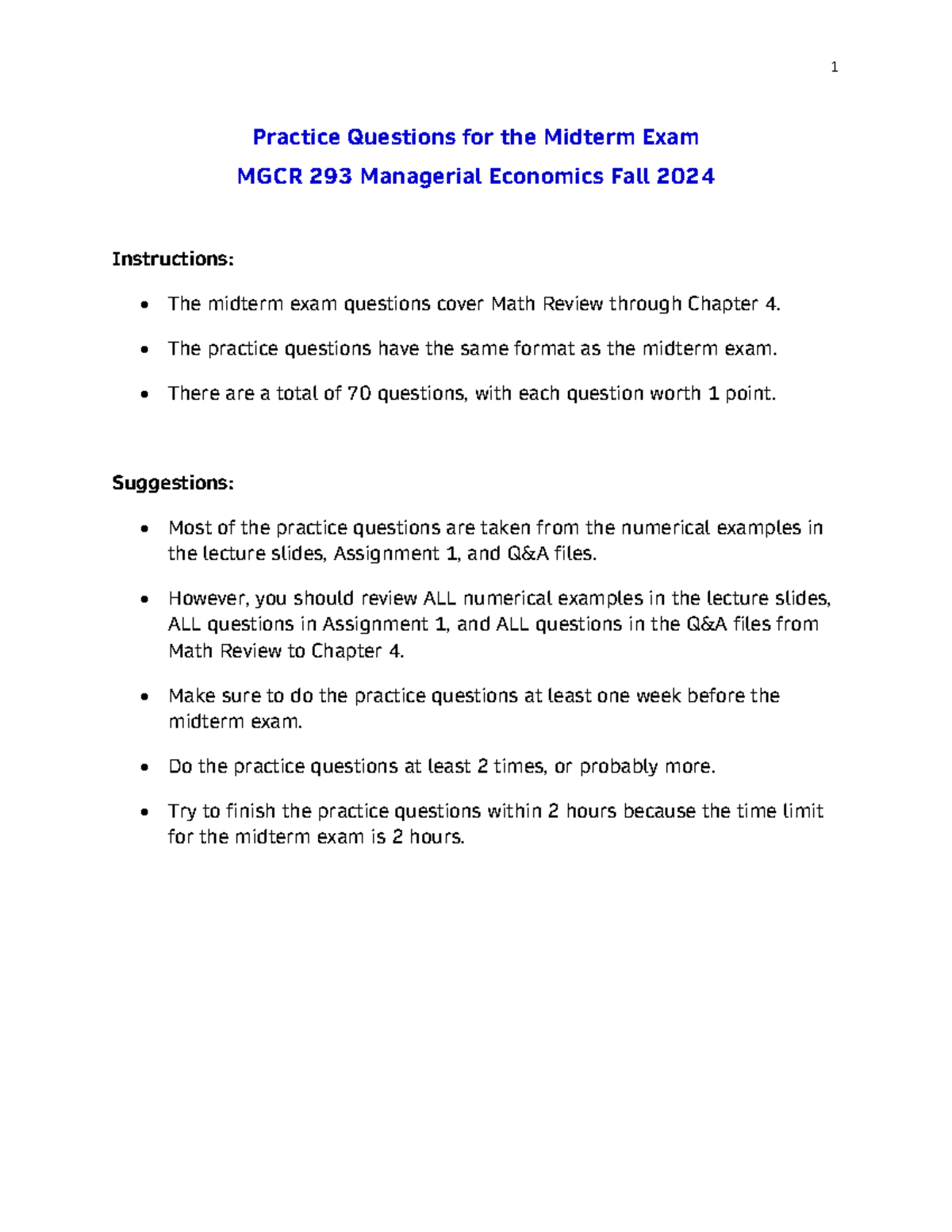 Practice Questions for Midterm Exam MGCR 293 - Managerial Economics F2024 - Studocu