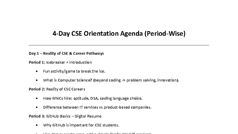 CSE 101: Freshers Orientation Agenda - Day 1 to Day 3 Activities - Studocu