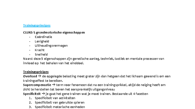 Samenvatting Vaardigheidslessen CLUKS 5: Trainingsprincipes en ...