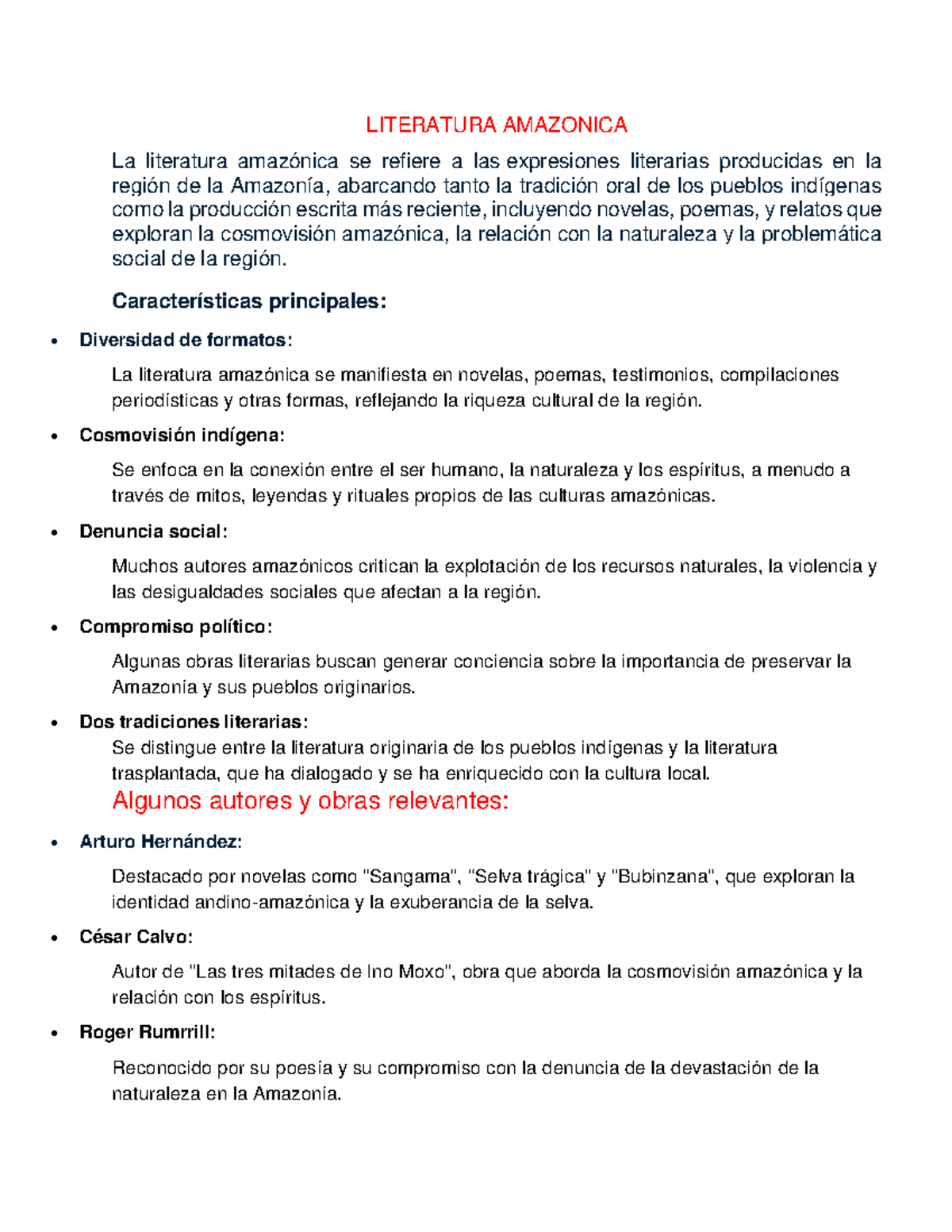 LITERATURA AMAZONICA: Análisis y Preguntas Clave para Alumnos - Studocu