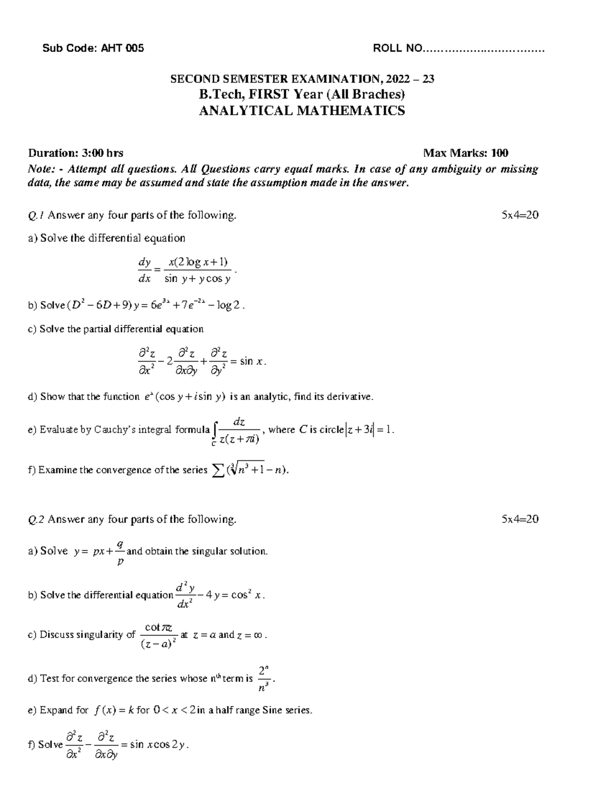 AHT 005 Final Exam: Analytical Mathematics - B.Tech 1st Year - Studocu