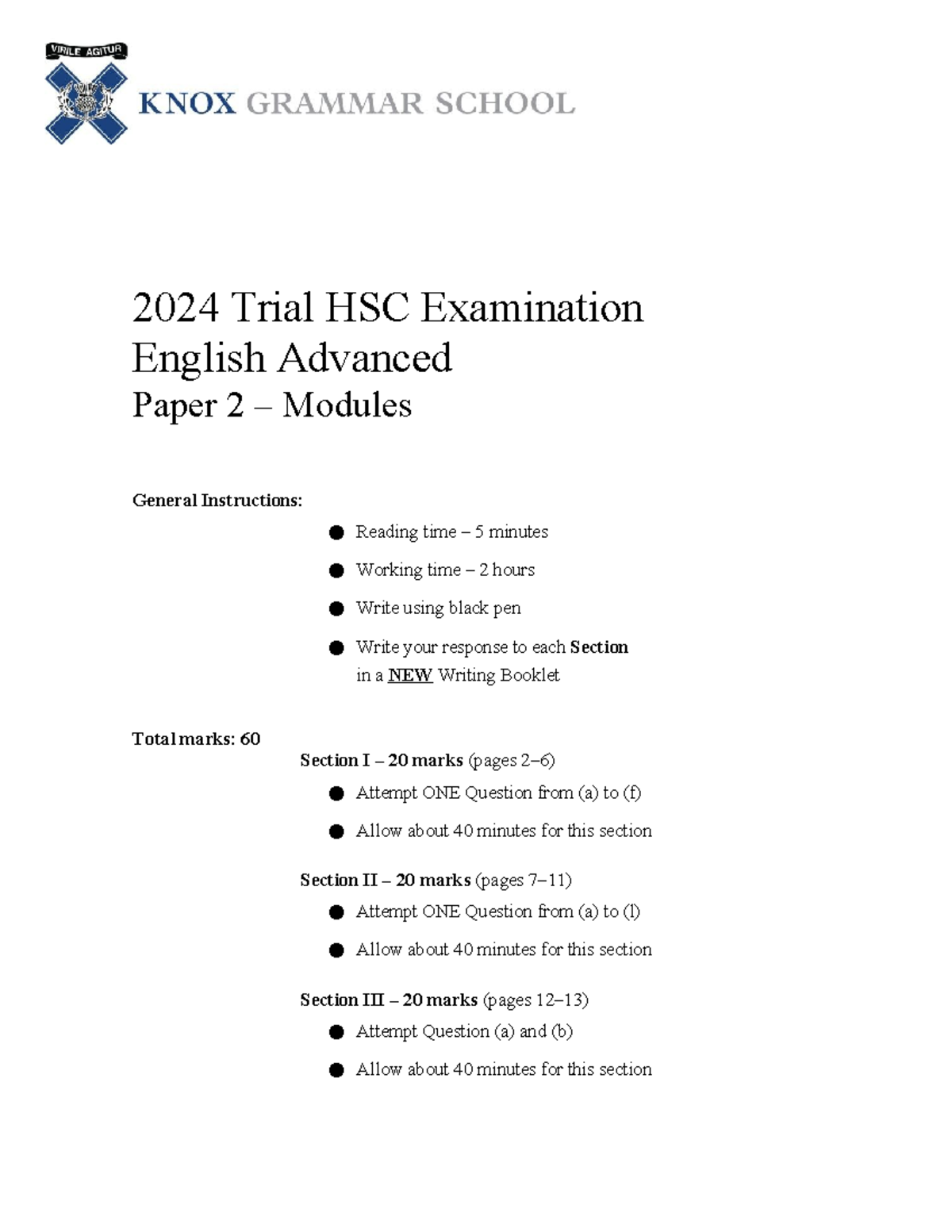 Knox HSC English Advanced Paper 2 Trial Exam 2024 Instructions - Studocu