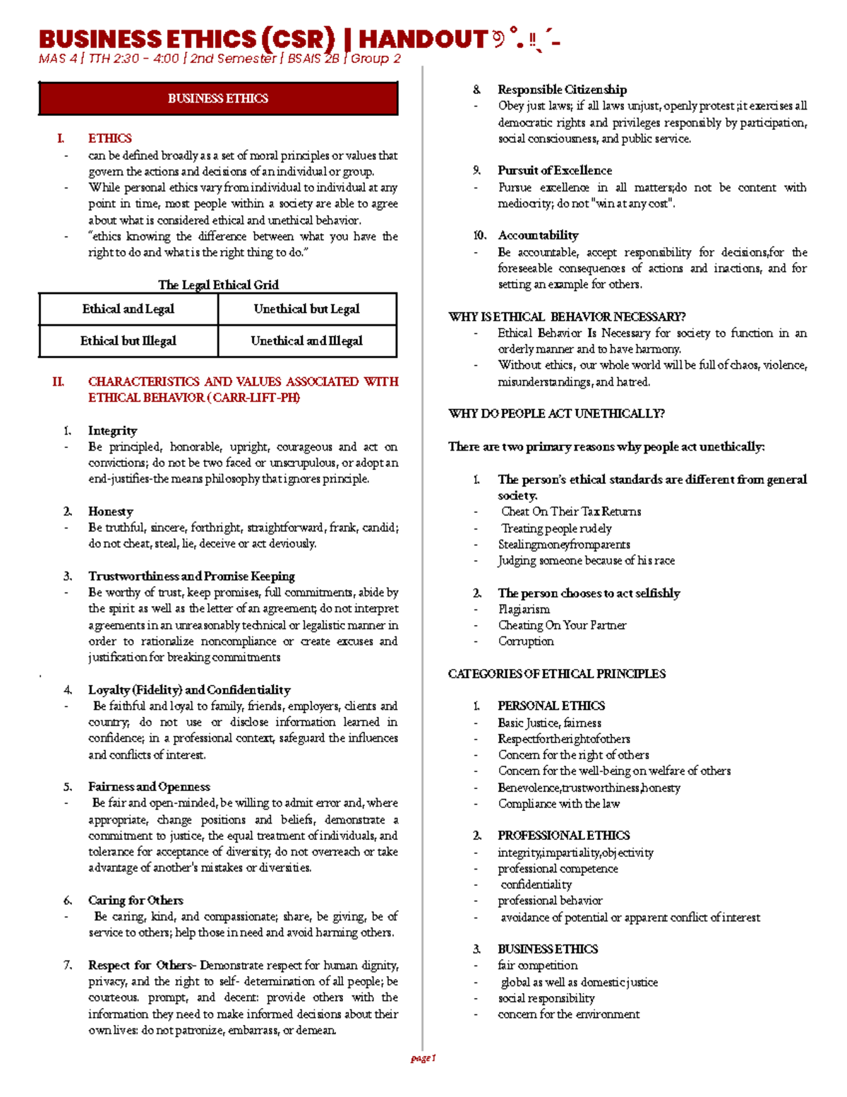 Group 2 Business Ethics (CSR) Handout - MAS 4 | TTH 2:30 - 4:00 | 2nd ...
