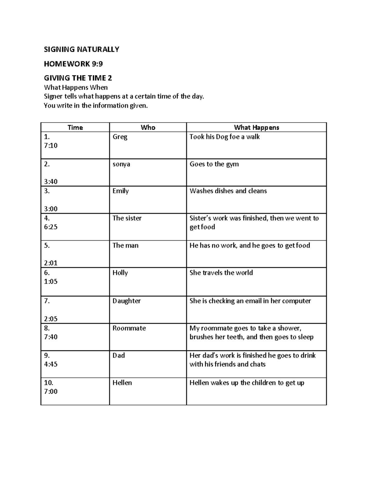 Homework 9.9 - Answer Key for Signing Naturally: Giving the Time 2 - Studocu