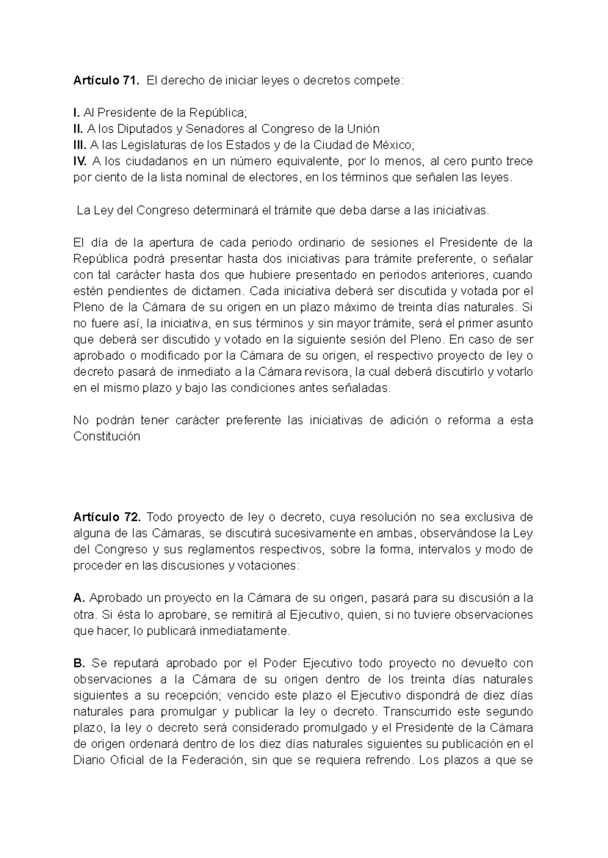 Artículo 71 y 72: Proceso Legislativo en México - Studocu