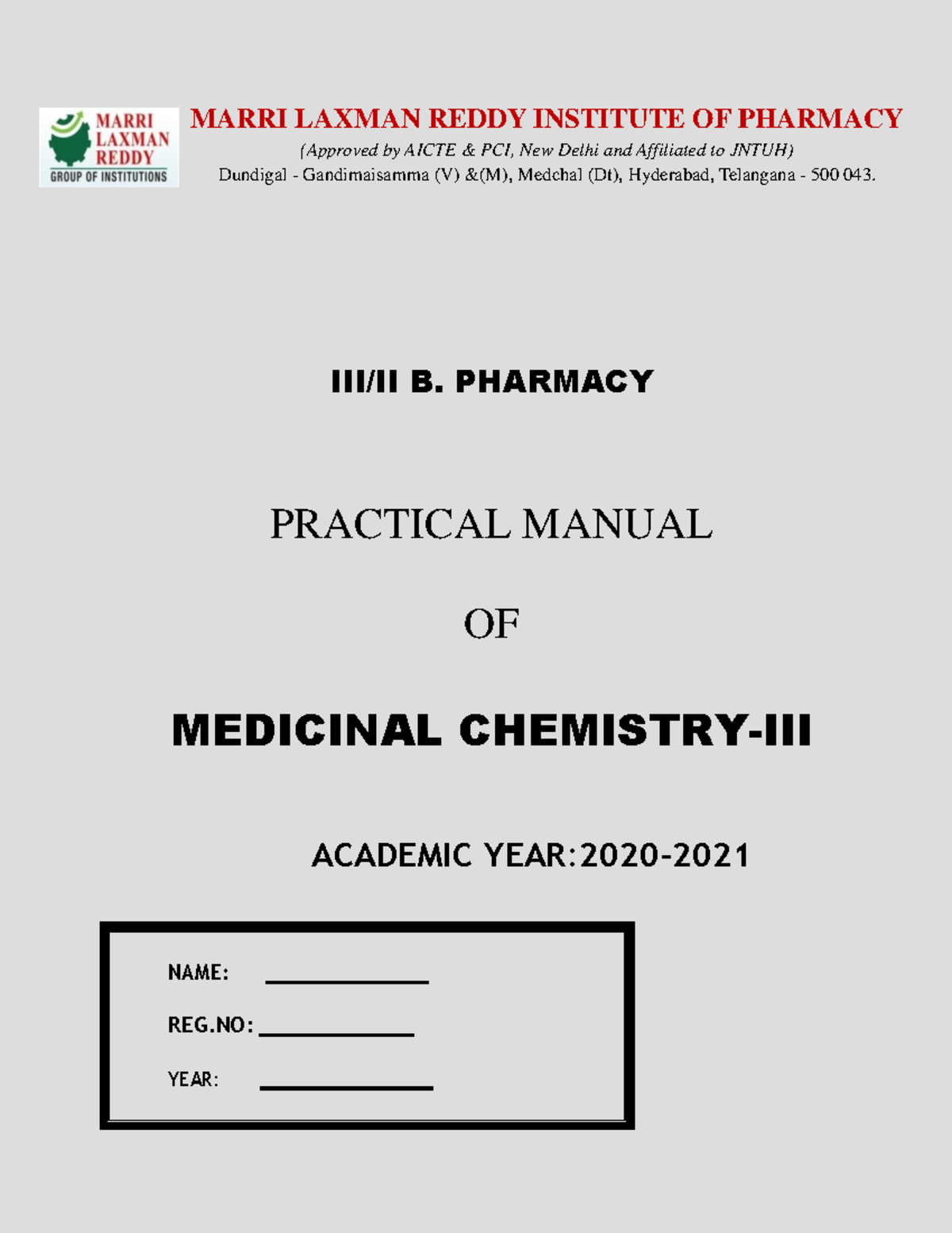 Medicinal Chemistry III LAB Manual - Practical Experiments & Protocols ...