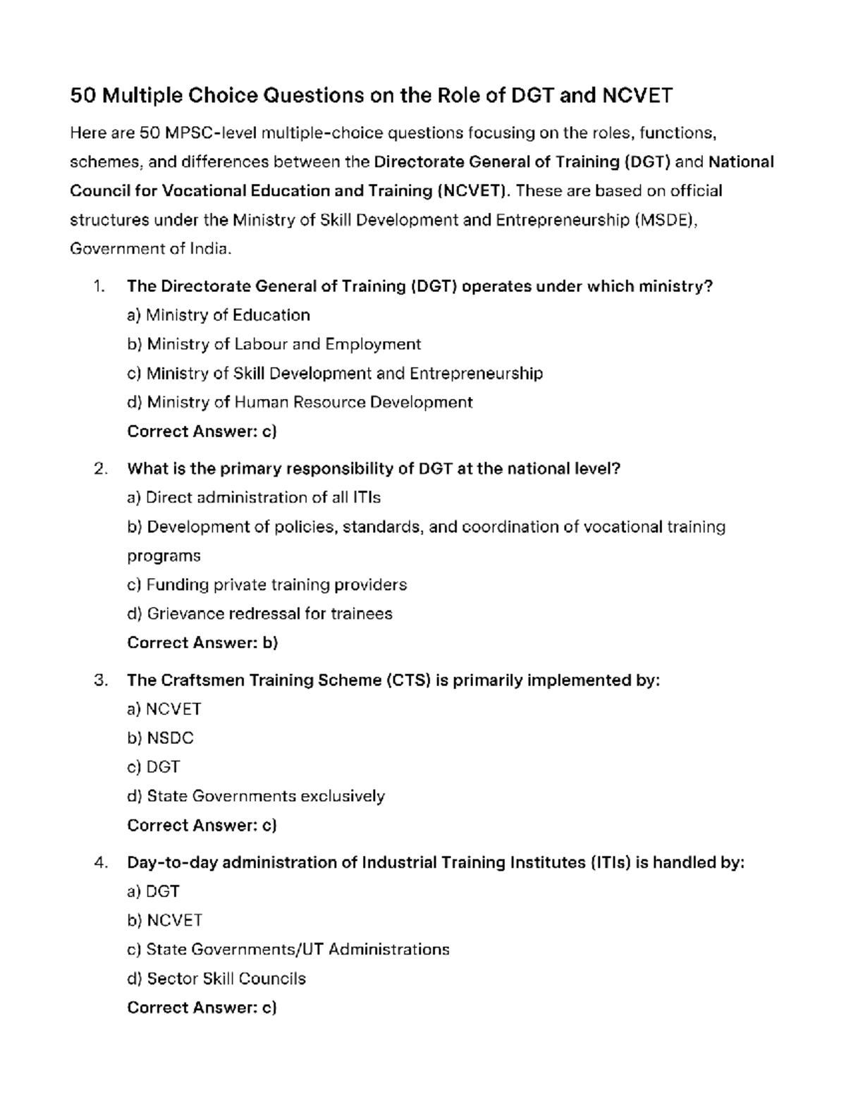 50 MCQs on DGT & NCVET Roles and Functions - DCX - Studocu
