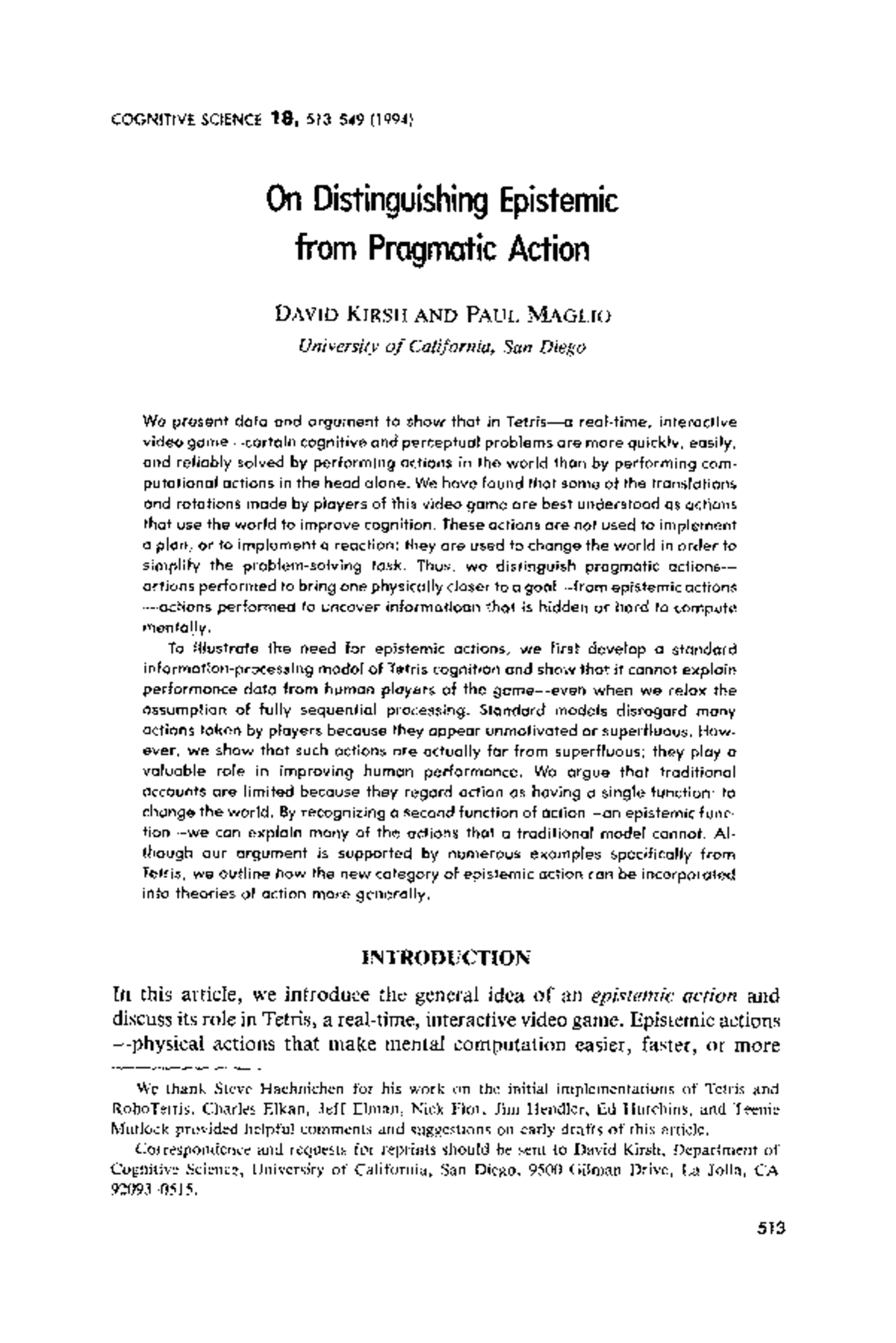 Epistemic vs. Pragmatic Action in Tetris: Insights by Kirsh & Maglio ...