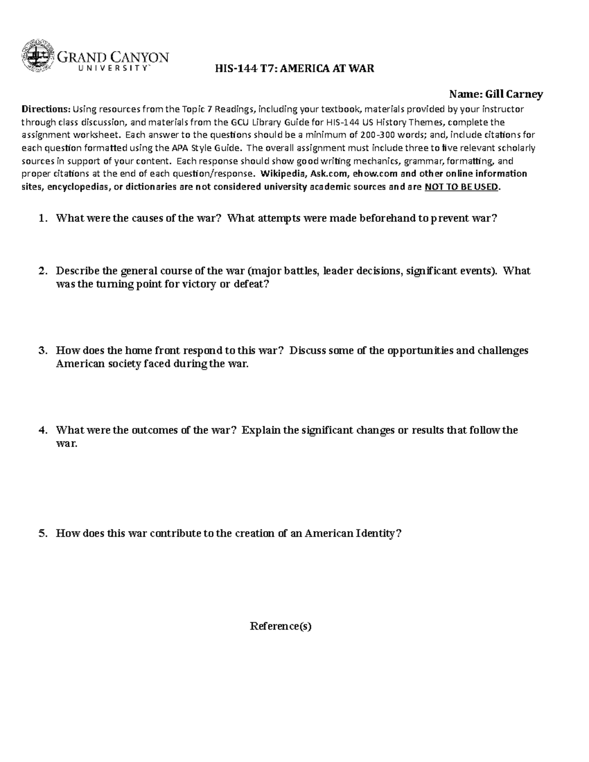 HIS-144-T-7.America at.War.Worksheet - HIS-144 T7: AMERICA AT WAR Name ...