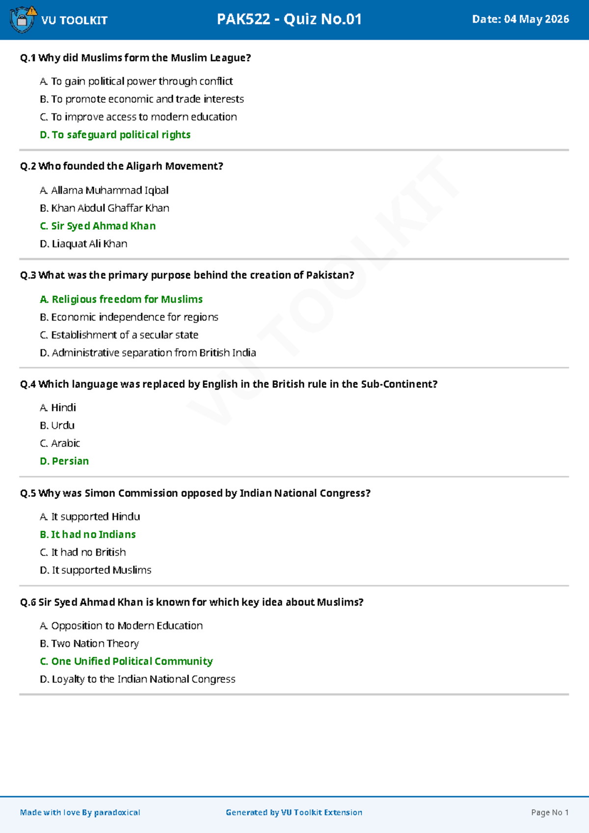 PAK522 Quiz No.01 - Historical Perspectives on Muslim League and ...