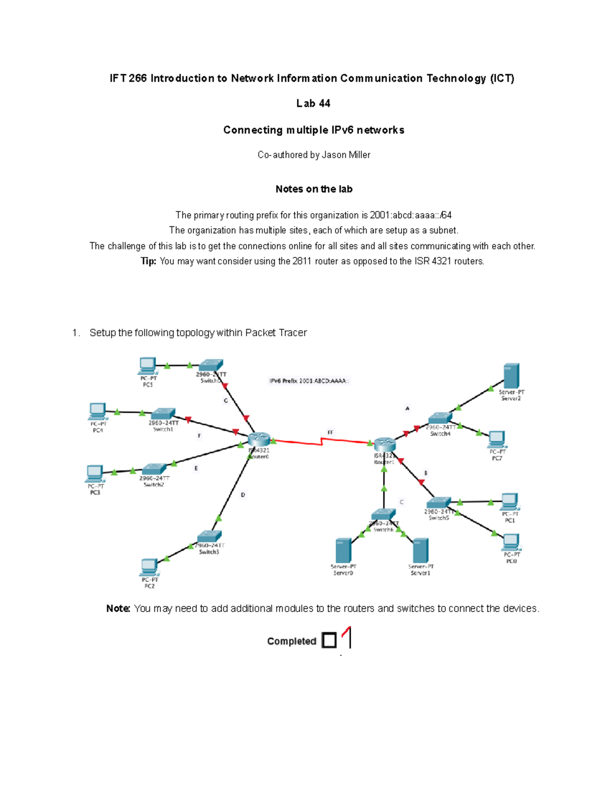 Lab 44 (Connecting multiple IPv6 networks) - IFT 266 Introduction to Network Information - Studocu