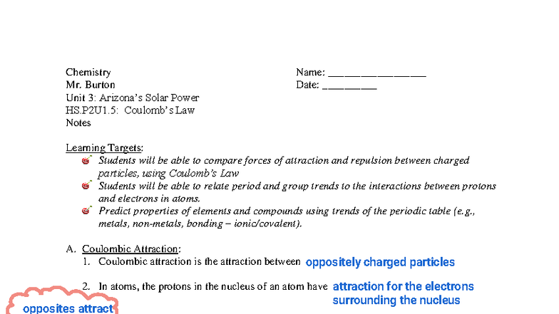 Chemistry HS.P2U1.5 Unit 3: Coulomb's Law & Nuclear Charge Notes - Studocu