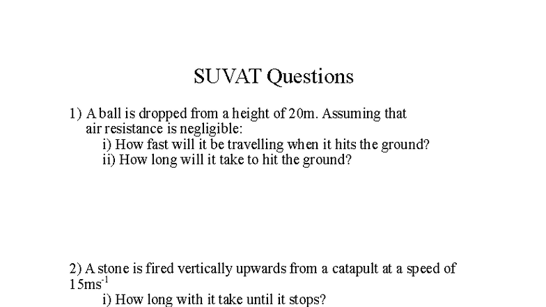 C1.1 SUVAT Questions: Motion and Free Fall Problems - Studocu