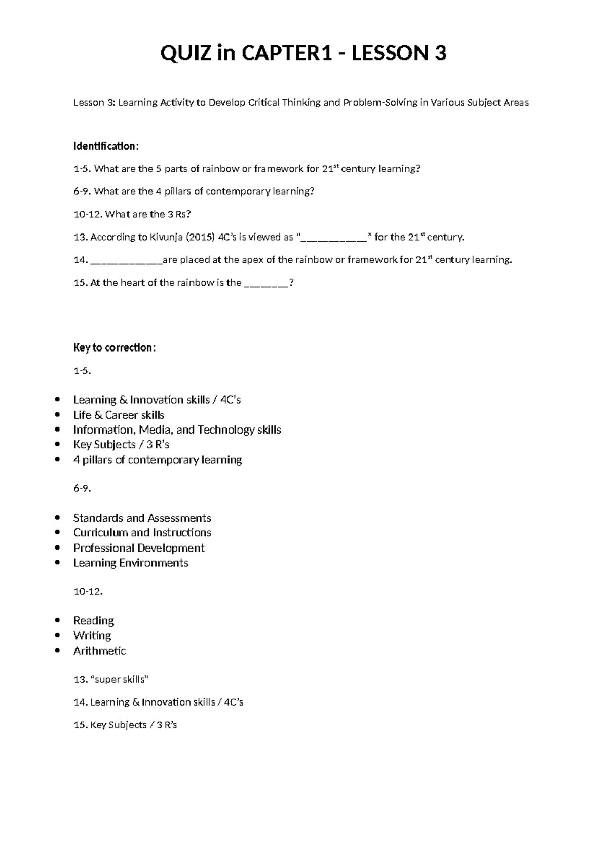 Chapter 1 - lesson 3 quiz - QUIZ in CAPTER1 - LESSON 3 Lesson 3 ...