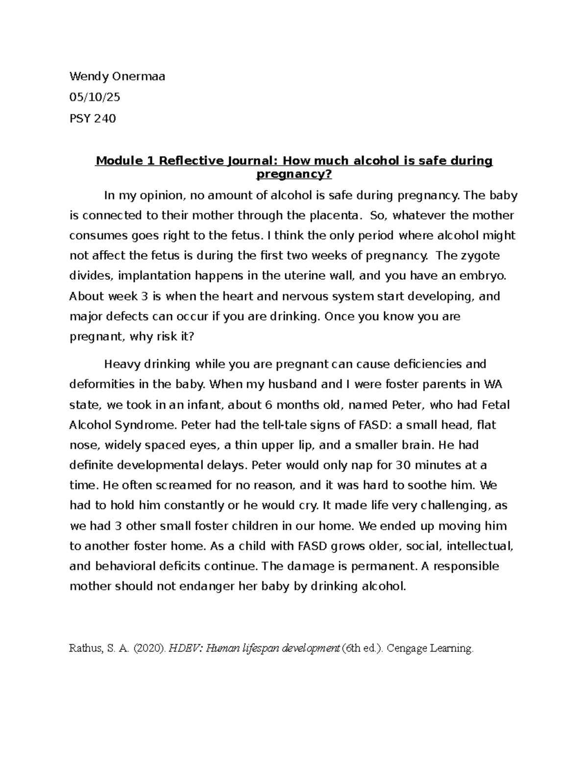 PSY 240 Module 1 Reflective Journal: Alcohol and Pregnancy Risks - Studocu