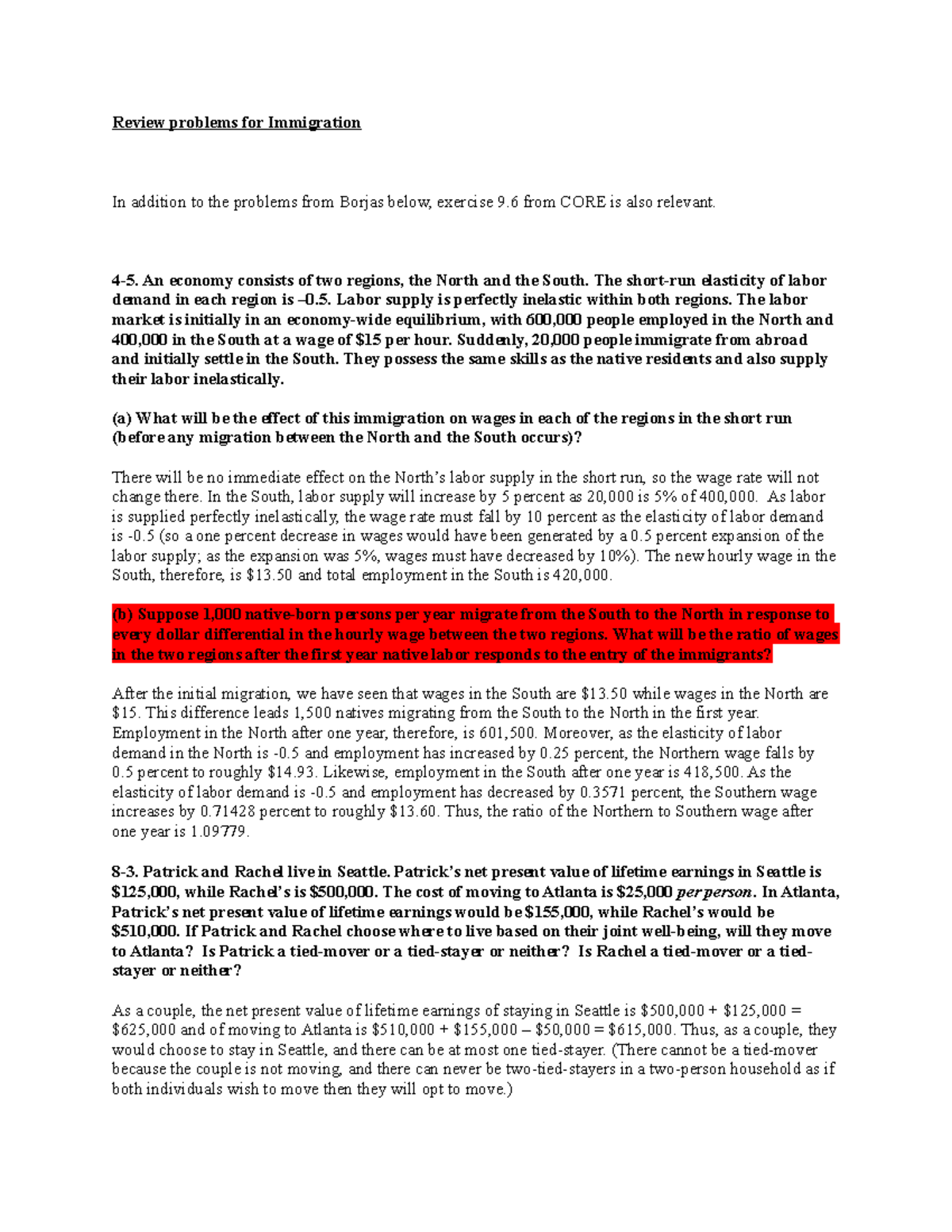 Review Problems Borjas immigration chapter 4 and 8 - Review problems ...