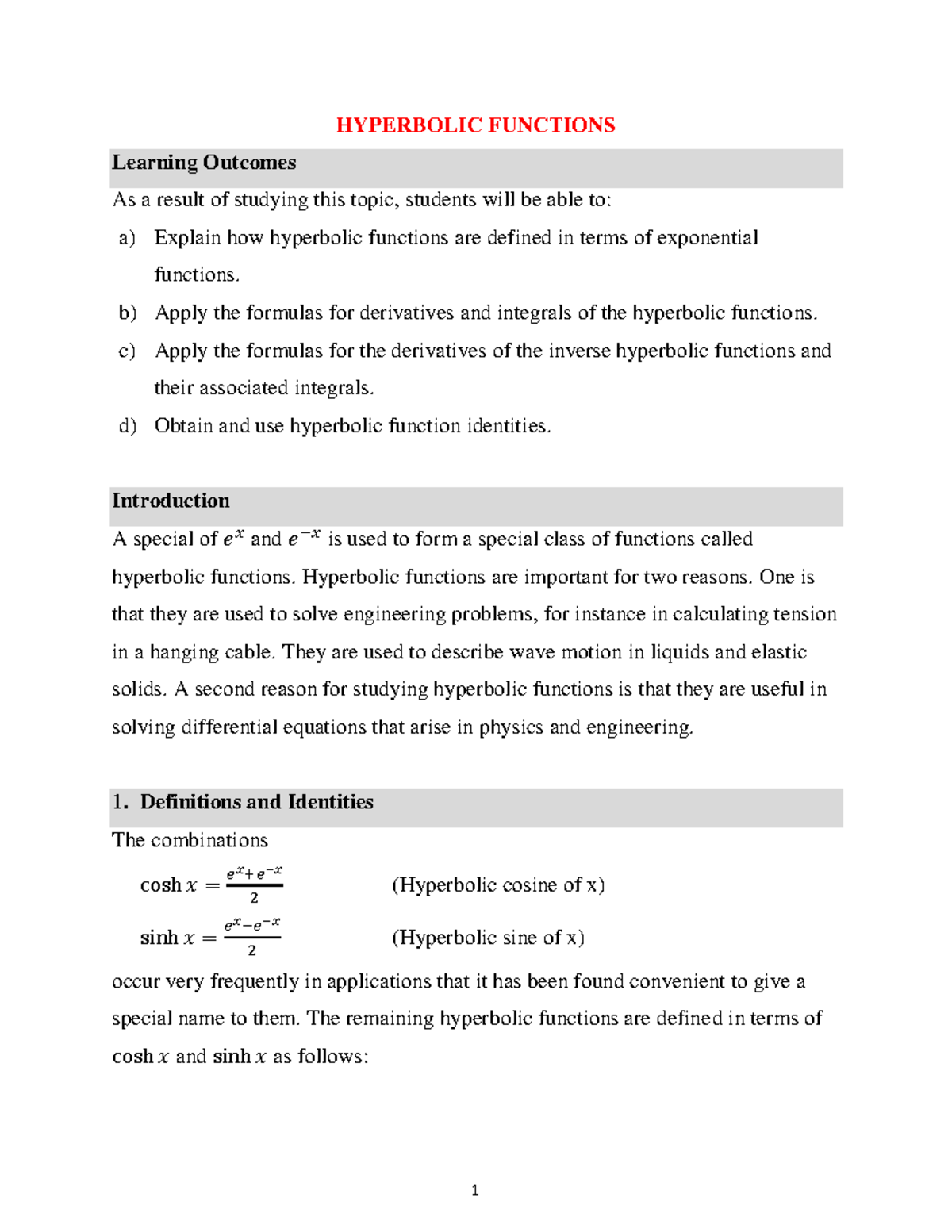 Lesson 6 Hyperbolic Functions - HYPERBOLIC FUNCTIONS Learning Outcomes ...