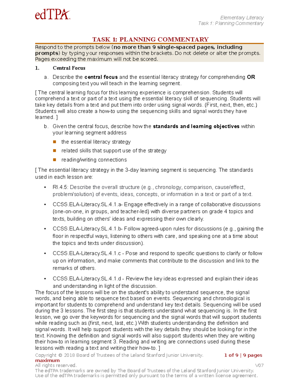 Task 1 Part E: Planning Commentary for Literacy Strategy Comprehension ...