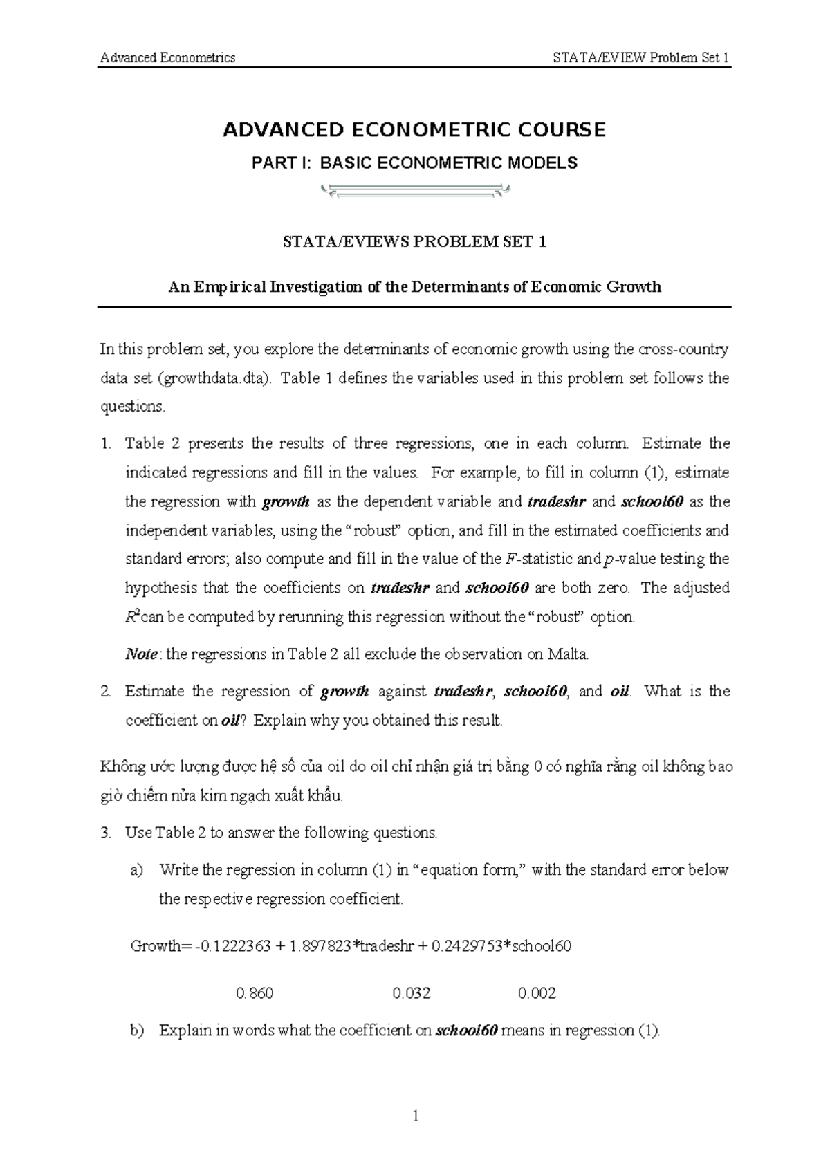 Advanced Econometric Analysis - Problem Set 1 (HAY) - Studocu