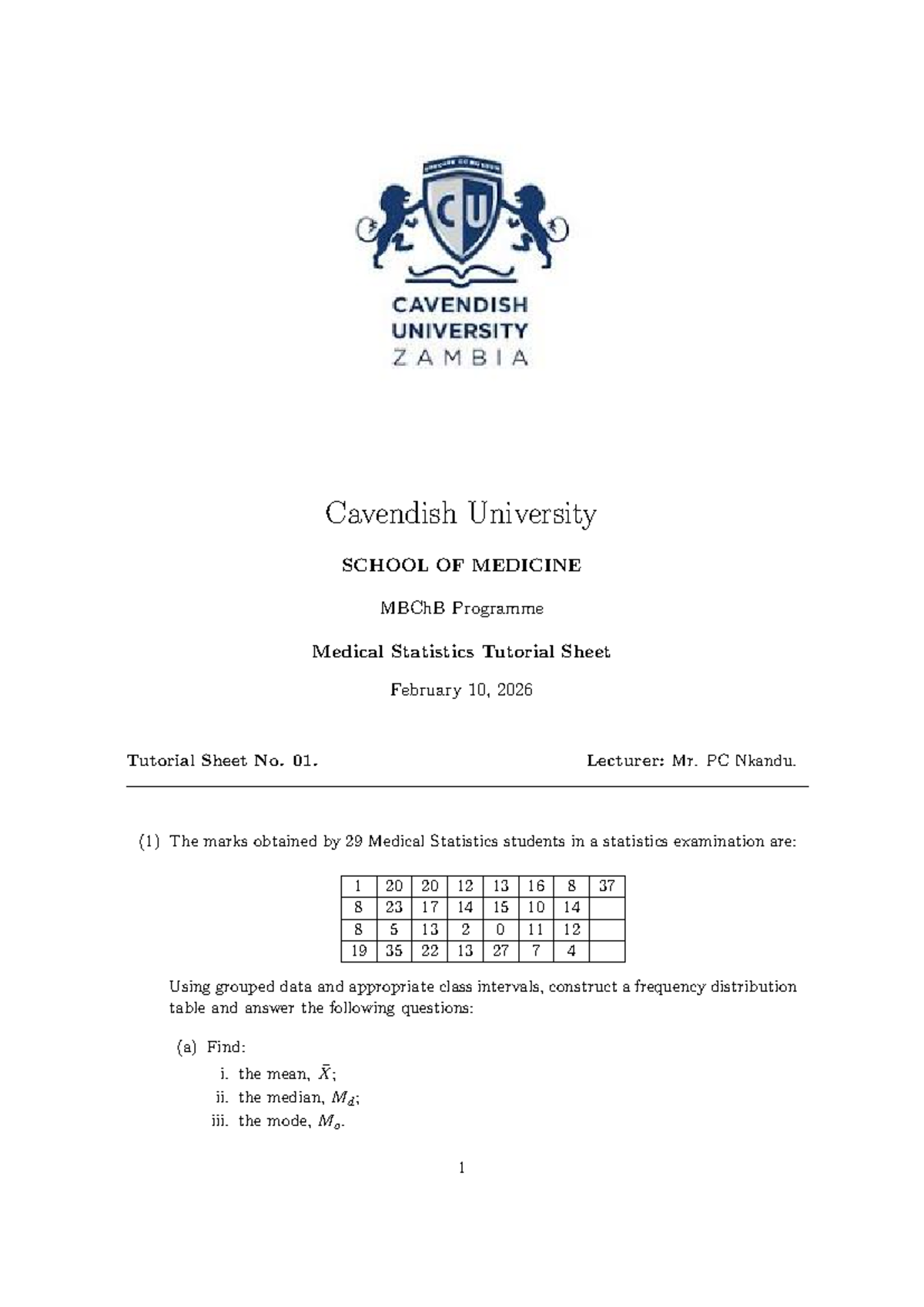 Medical Statistics Tutorial Sheet MBChB 2026 - Tutorial No. 01 - Studocu