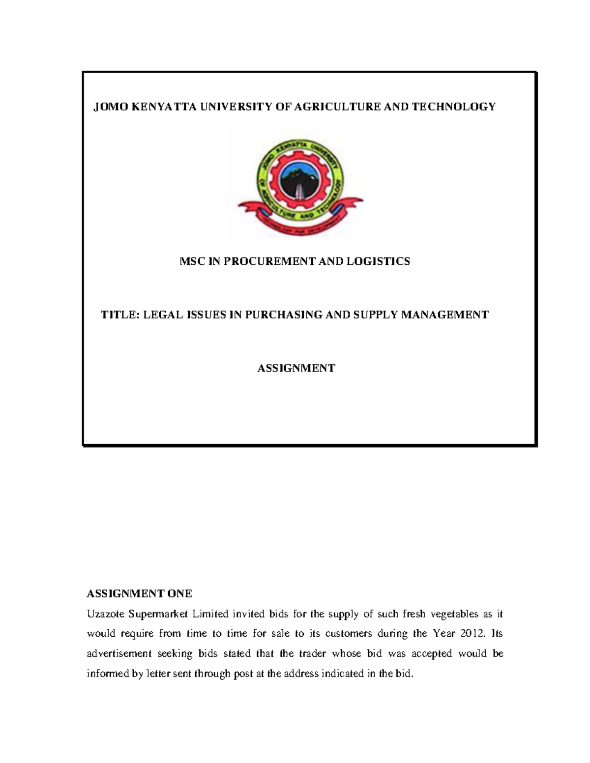 Legal Issues in Purchasing and Supplies Individual Assignment - JOMO ...