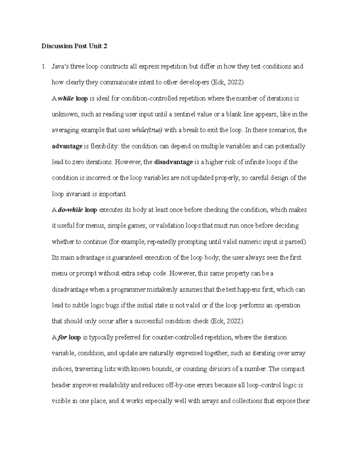 Discussion Post Unit 2 - CS1102: Loop Constructs & Decision Logic in ...
