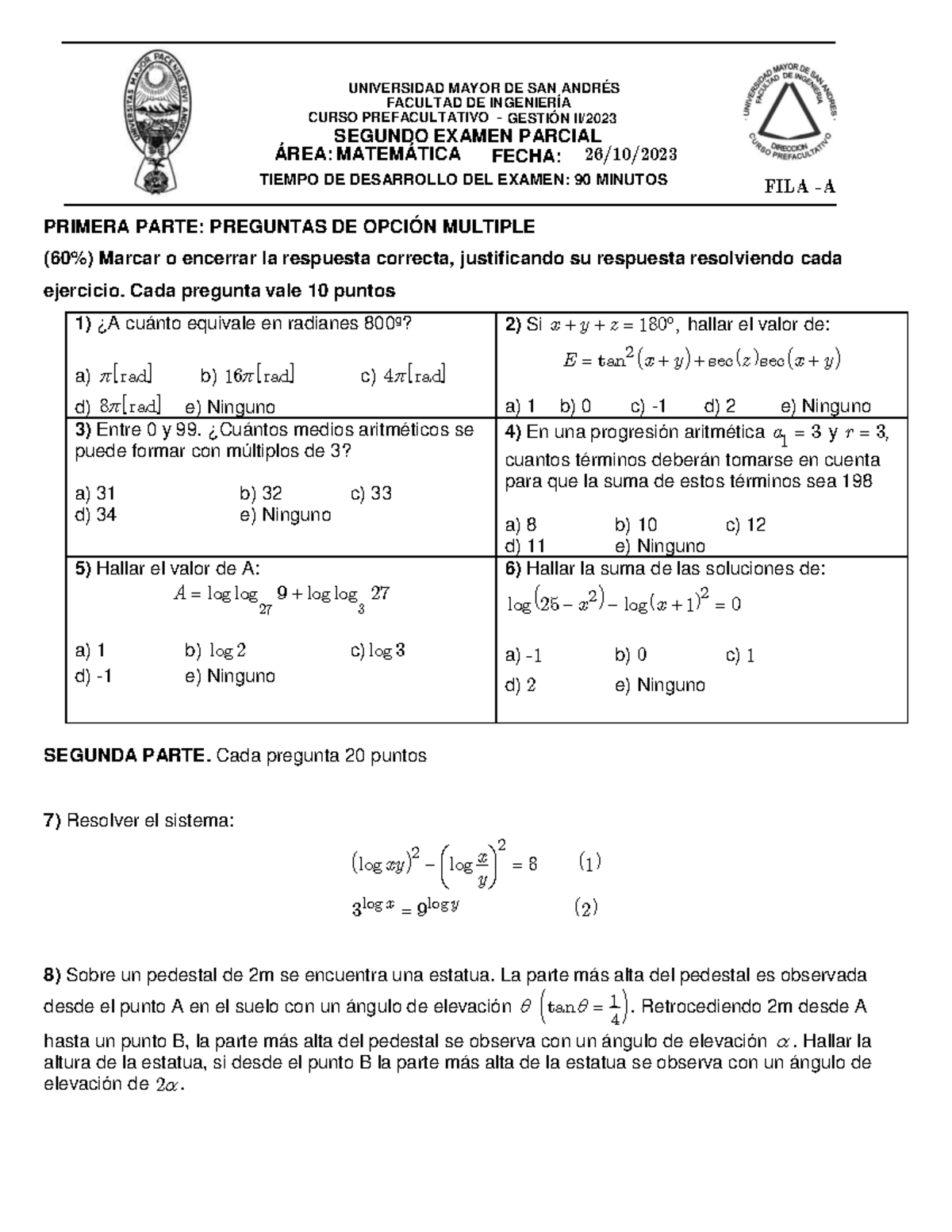 2do P MAT99 II-2023 - Examen Parcial de Matemáticas: Logaritmos y ...