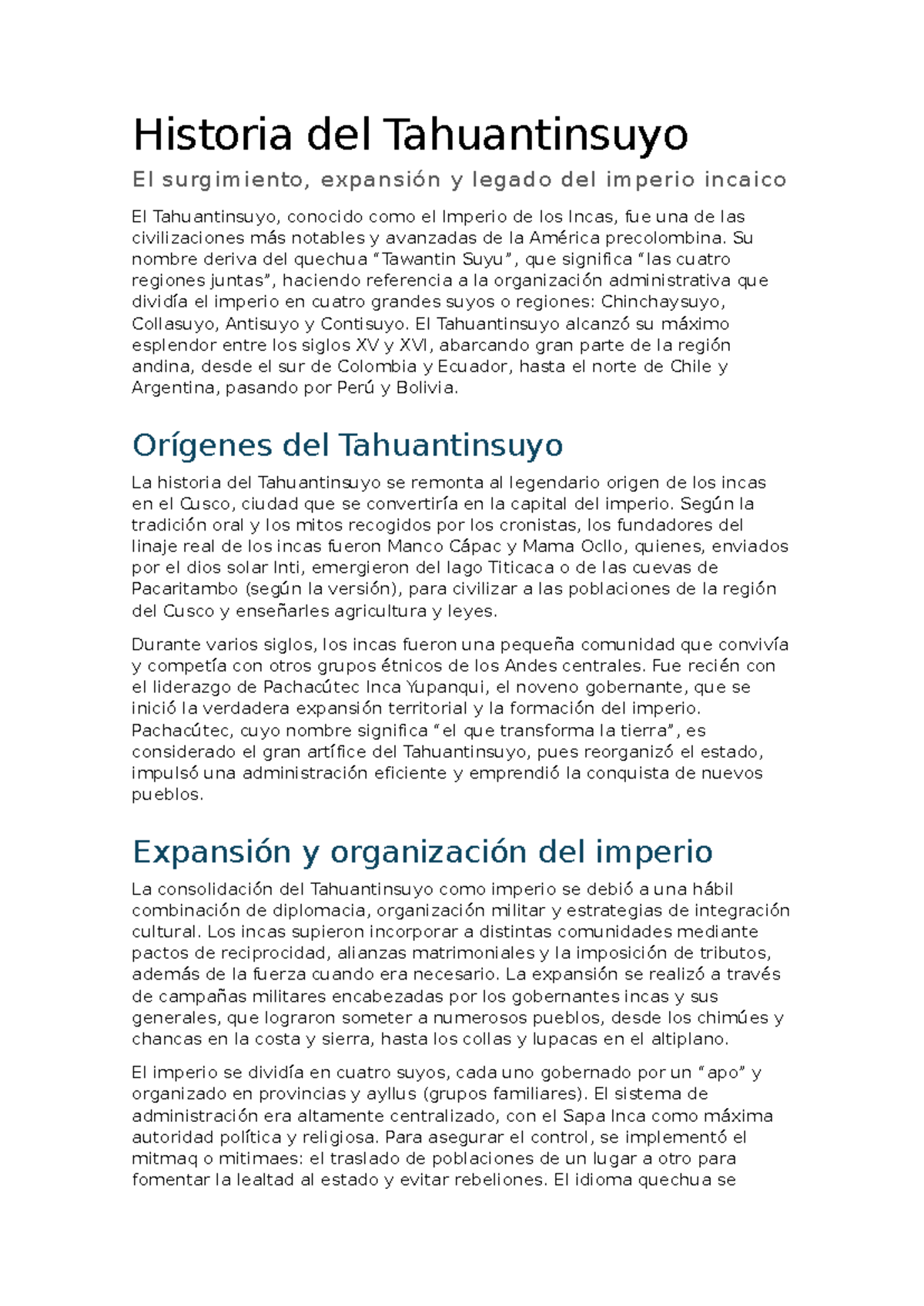 Historia del Tahuantinsuyo: Orígenes y Legado del Imperio Incaico - Studocu