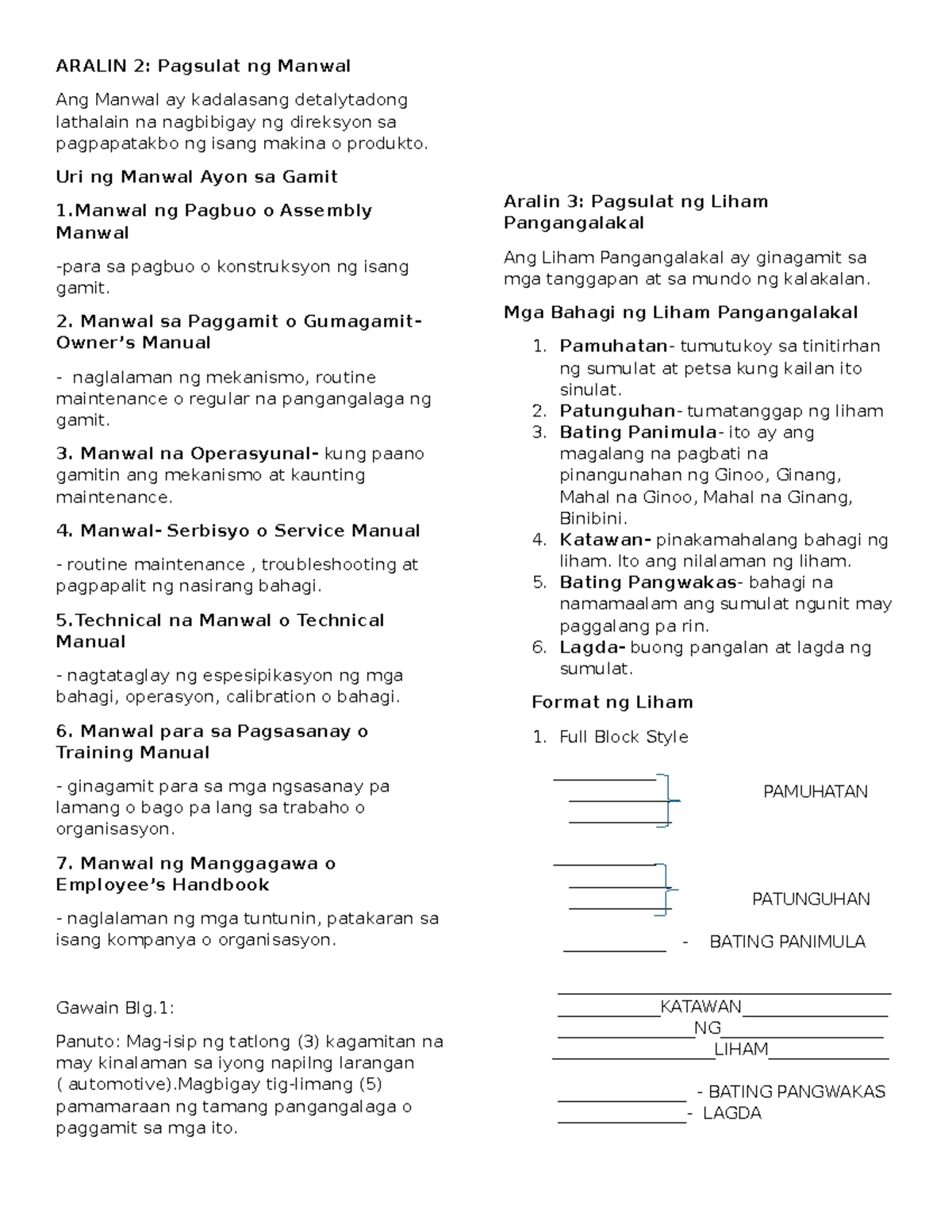 ARALIN 2 at 3: Pagsulat ng Manwal at Liham Pangangalakal (Module TVL 5 ...