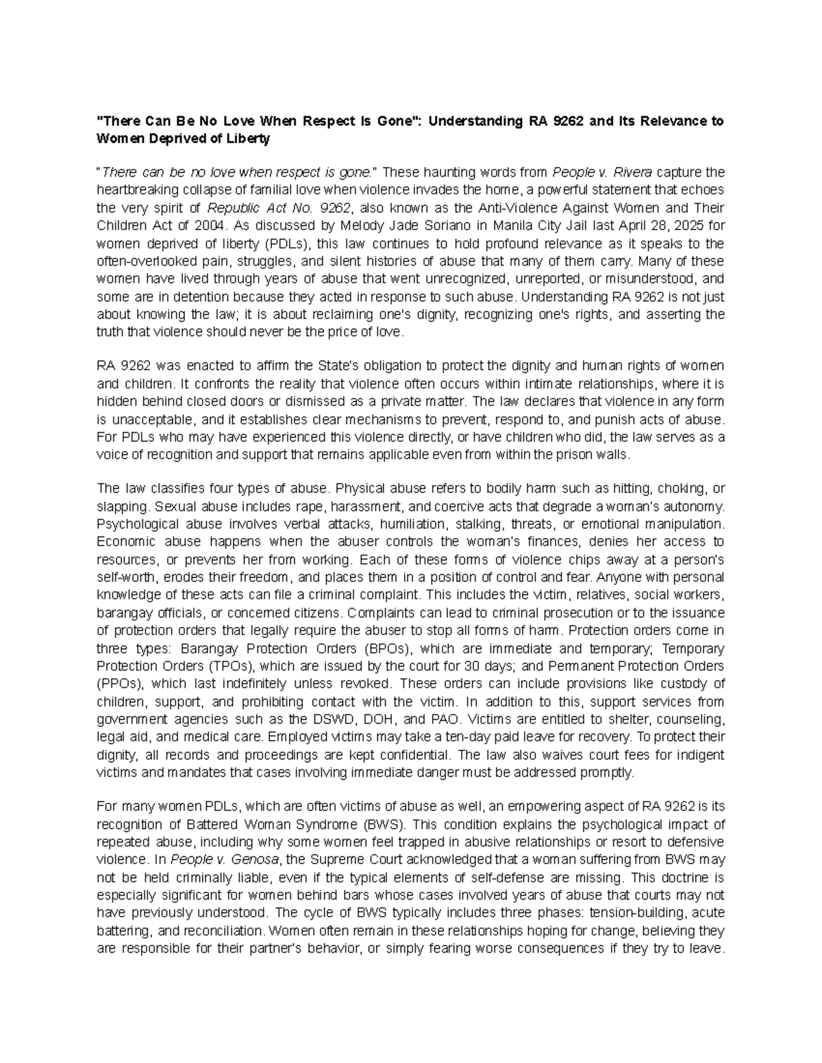 VAWC Article: Understanding RA 9262 and Its Impact on Women Deprived of ...