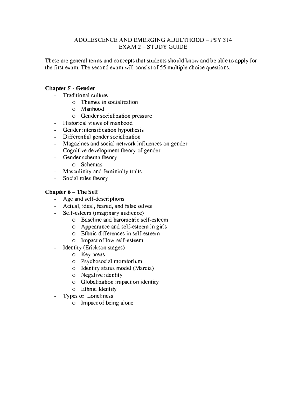 Adolescence & Emerging Adulthood Exam 2 Study Guide - PSY 314 - Studocu
