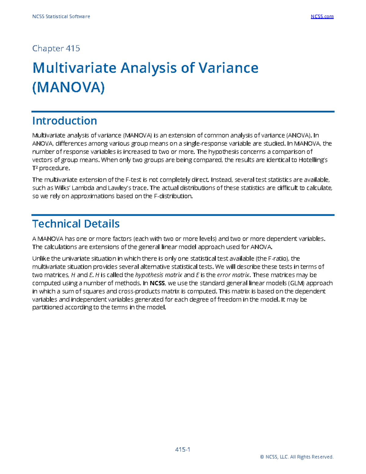 Multivariate Analysis of Variance (MANOVA) - Chapter 415 Notes - Studocu