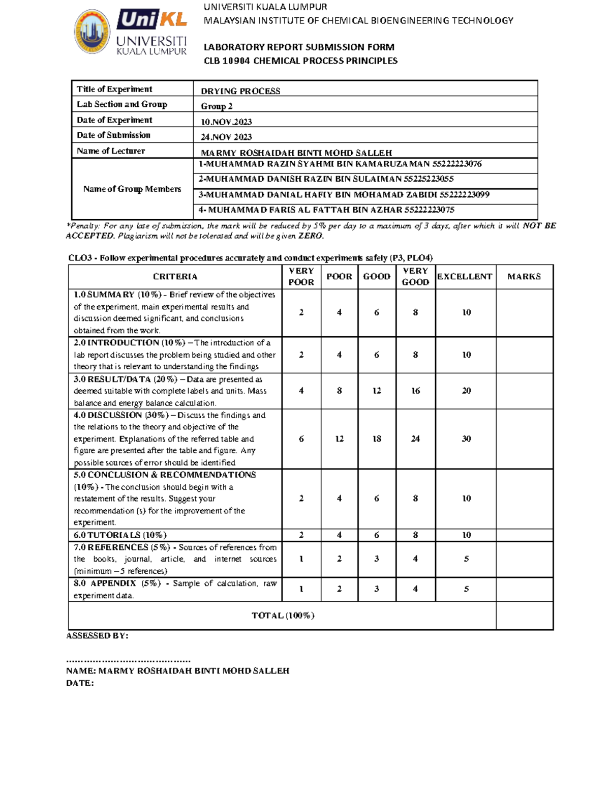 CLB 10904 Laboratory Report: Drying Process - Group 2 Experiment 5 ...