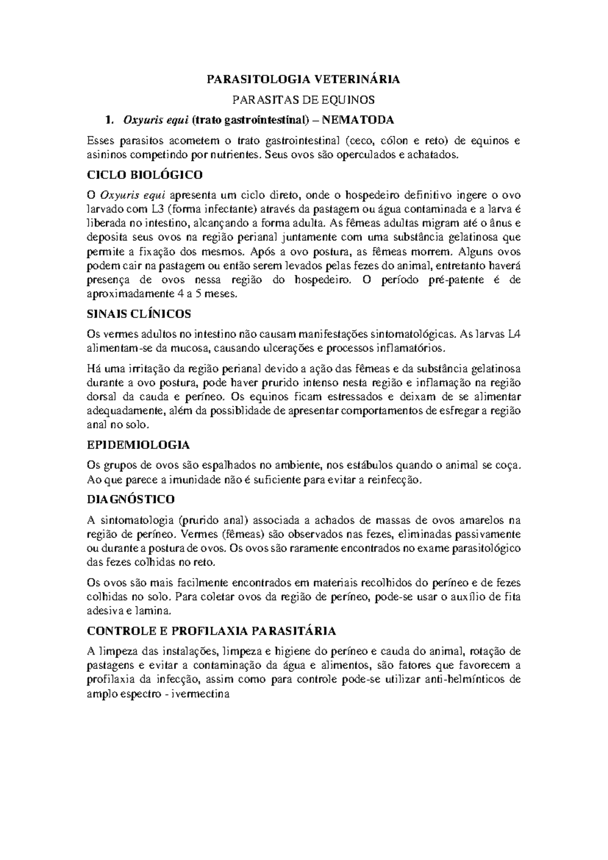Parasito I - Oxyuris equi - PARASITOLOGIA PARASITAS DE EQUINOS 1 ...